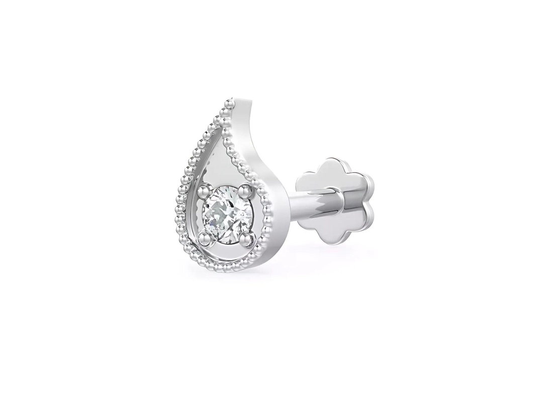 18ct White Gold Diamond Nose Pin Solitaire Set Paisley Piercing Flat ...