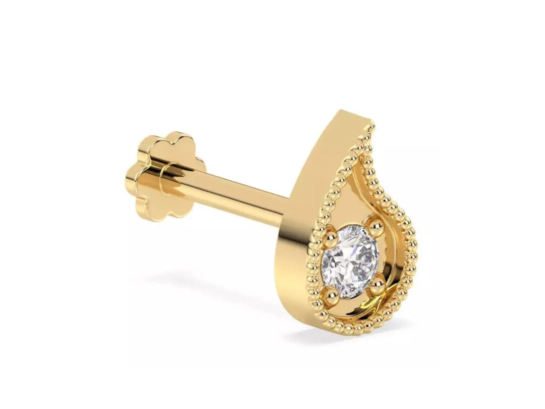 18ct Yellow Gold Diamond Nose Pin Solitaire Set Paisley Piercing Flat ...