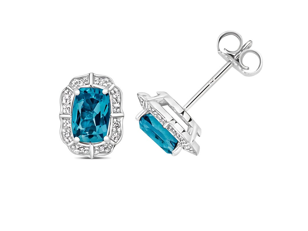9ct Gold Diamond & London Blue Topaz Studs, Cushion Cut Earrings, Blue ...
