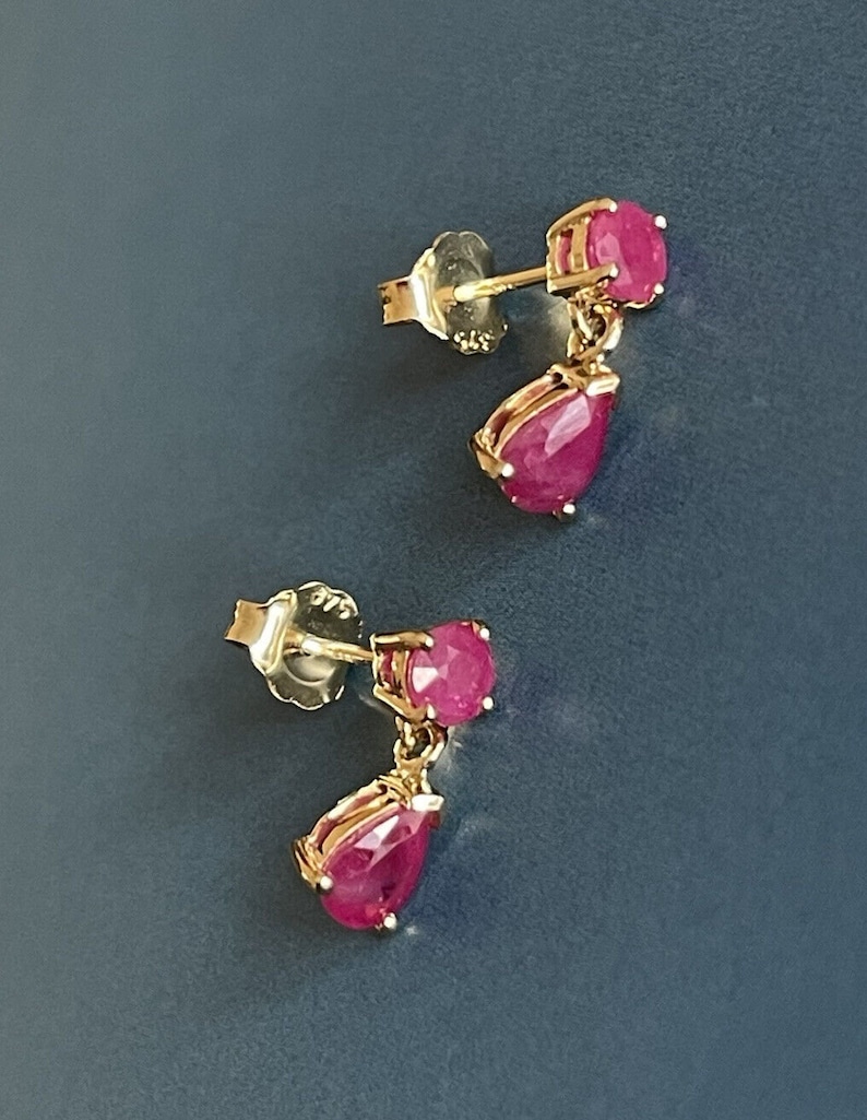 9ct Yellow Gold Ruby Earrings Pear Drop Studs 1.20ct, Ruby Earrings, Pear Drop Earrings, Ruby ...