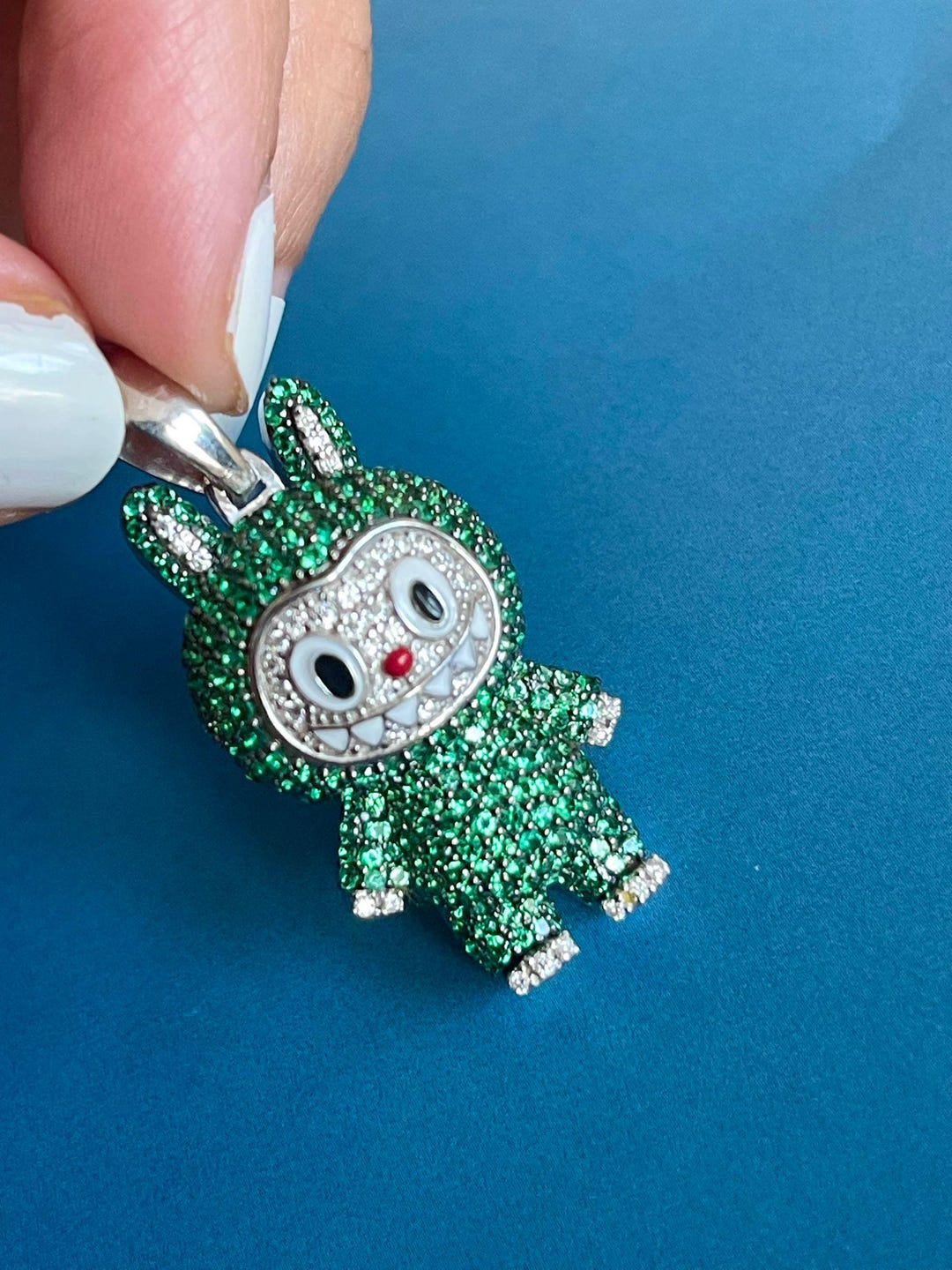 925 Silver Labubu Doll Pendant Green Stones Encrusted Rare Collectors ...