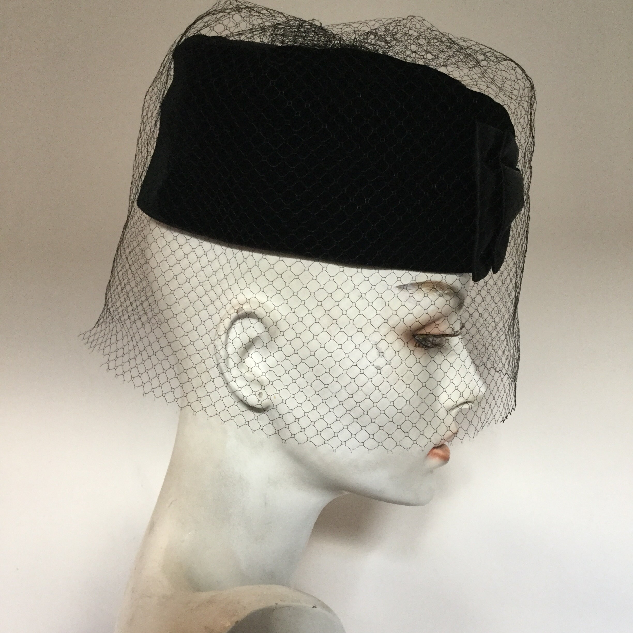 Vintage 1960s Black Velour Pill Box Hat With Statement Bow and Lace ...