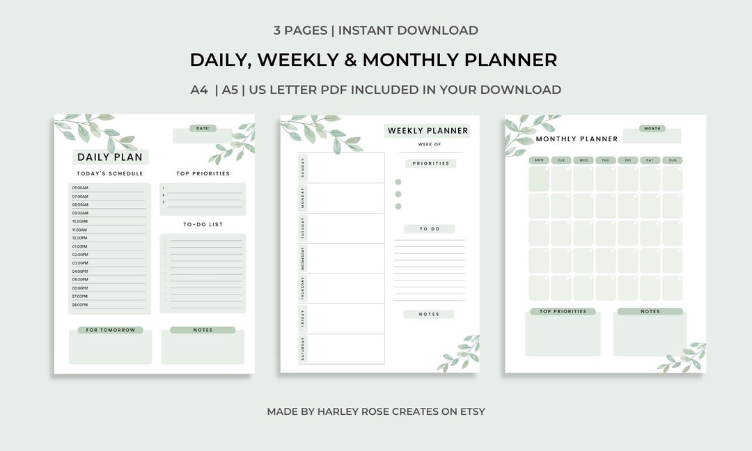 Greenery Printable Planner | Daily Planner | Weekly Planner | Monthly ...