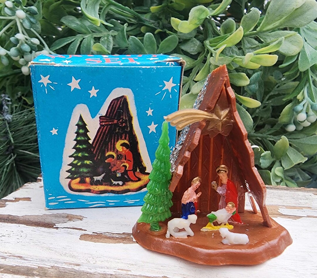 Vintage Christmas Shiny Brite Celluloid Nativity Set, Ornament, Manger ...