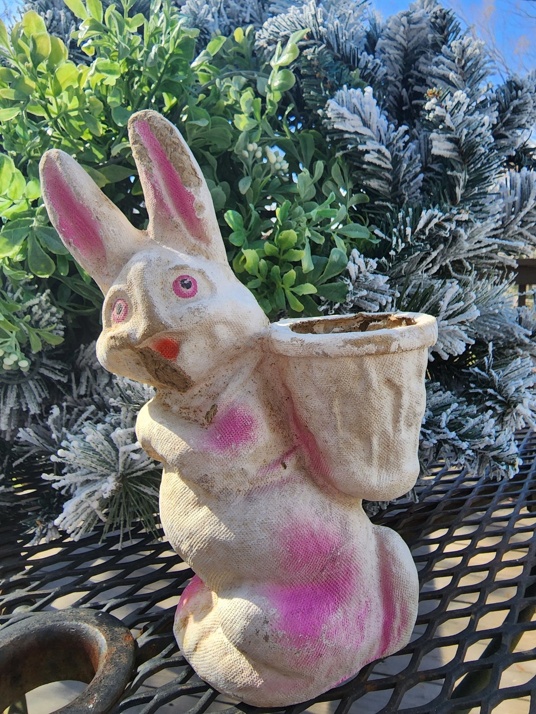 Vintage Easter Paper Mache Bunny With Candy Basket,pink/white - Etsy