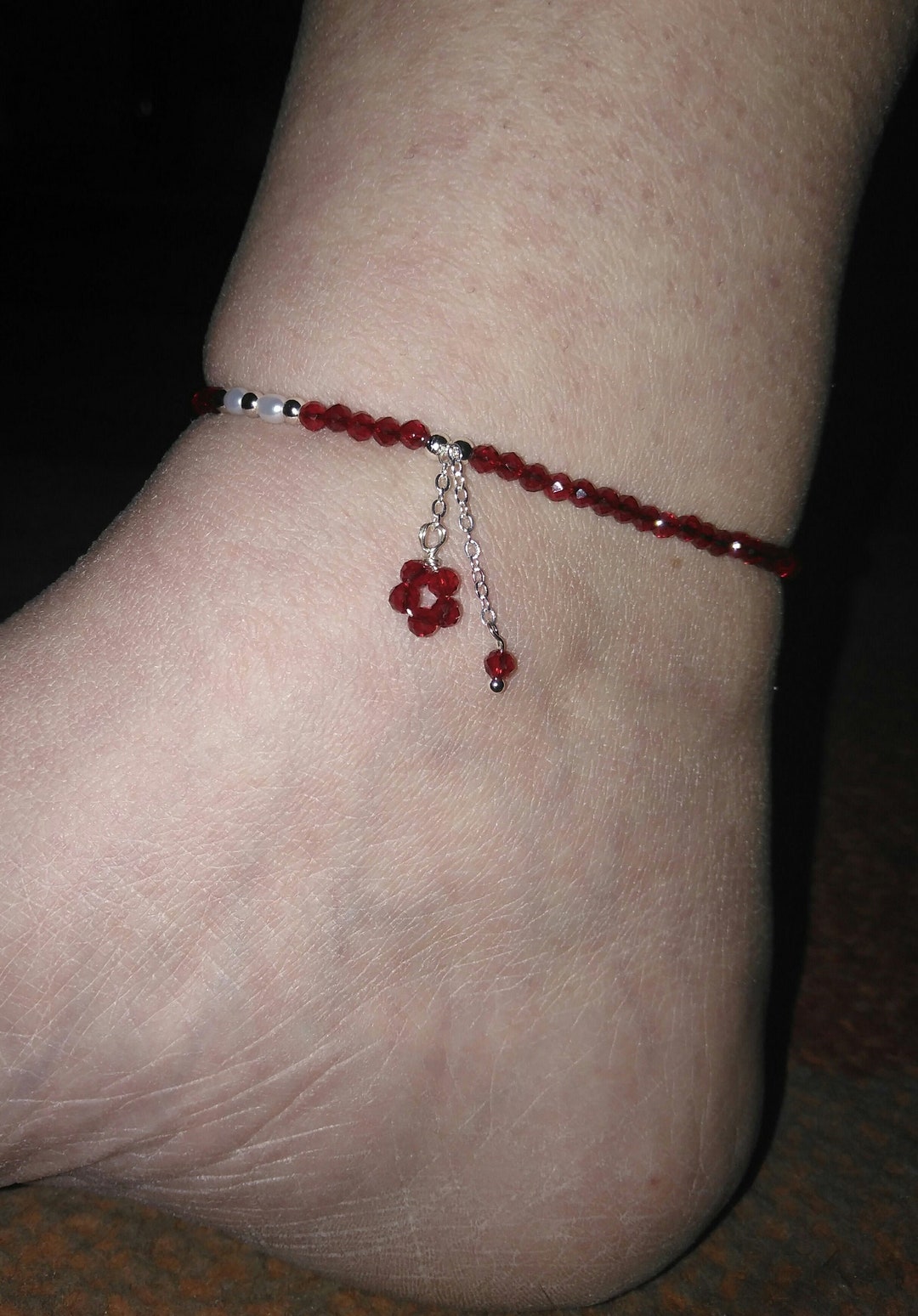 Garnet Crystal Chip & Pearl Bead Anklet Ankle Bracelet With Extender ...