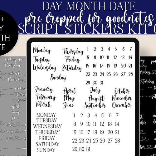 Day Month Date Script Stickers for Goodnotes Pre Cropped - Etsy