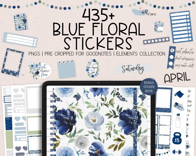 Blue Digital Stickers Goodnotes Floral Sticker Book Functional Planner ...