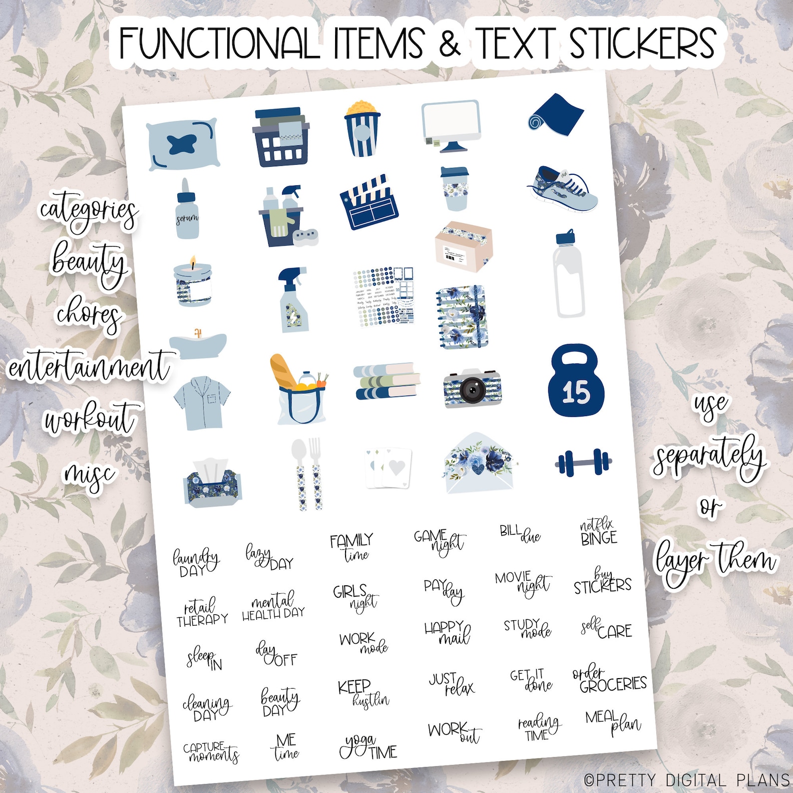Blue Digital Stickers Goodnotes Floral Sticker Book Functional Planner ...