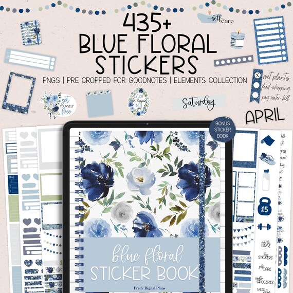 Blue Digital Stickers Goodnotes Floral Sticker Book - Etsy