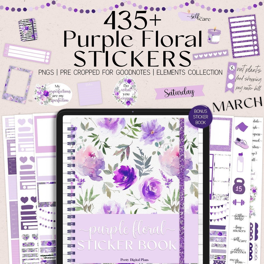 Purple Digital Stickers Goodnotes Floral Planner Sticker Book Glitter ...