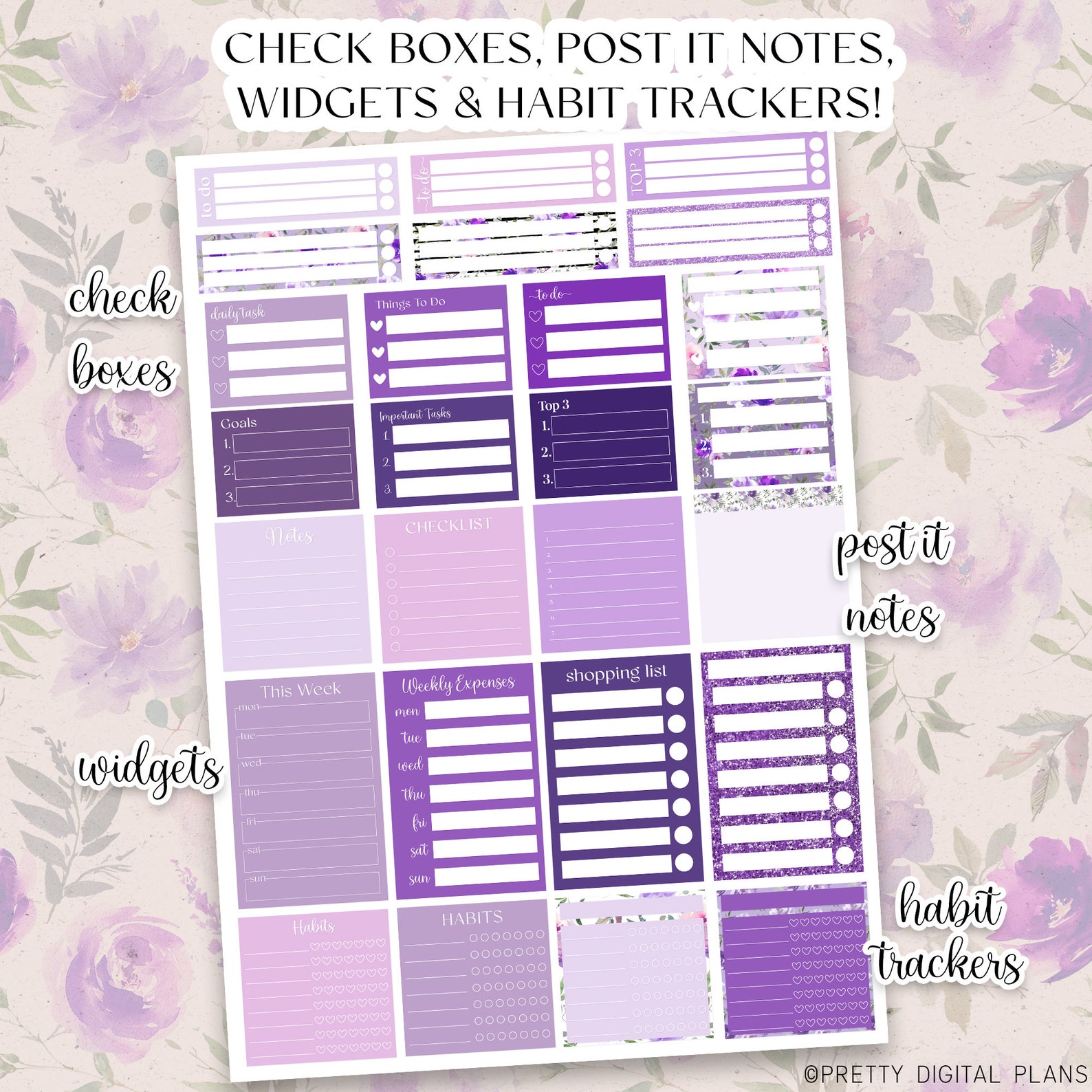 Purple Digital Stickers Goodnotes Floral Planner Sticker Book Glitter ...