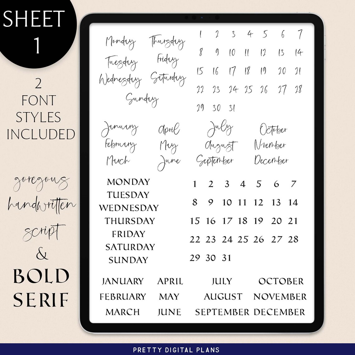 Day Month Date Script Stickers for Goodnotes Pre Cropped - Etsy