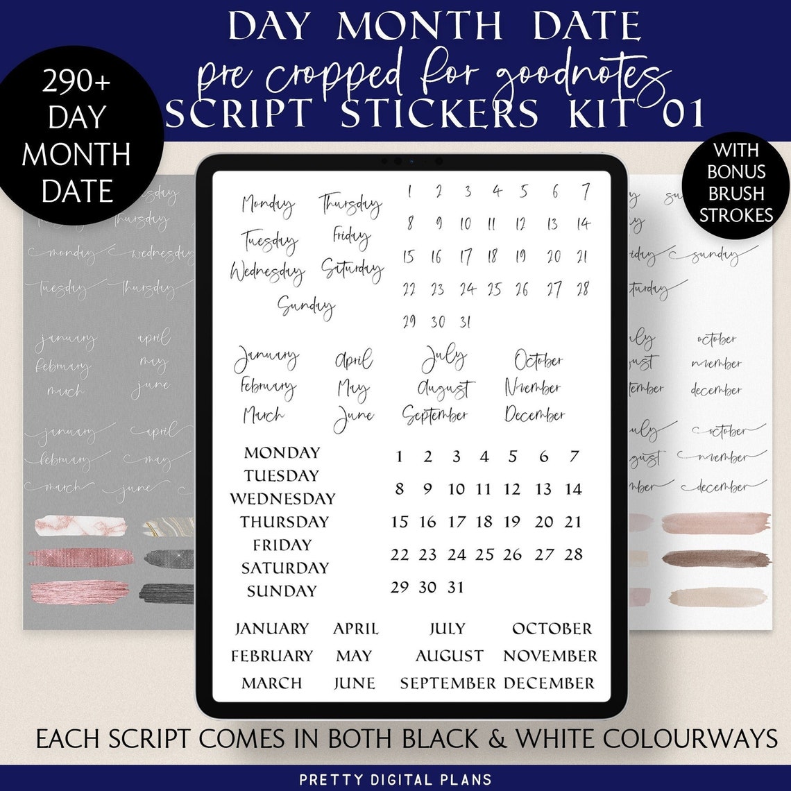 Day Month Date Script Stickers for Goodnotes Pre Cropped | Etsy
