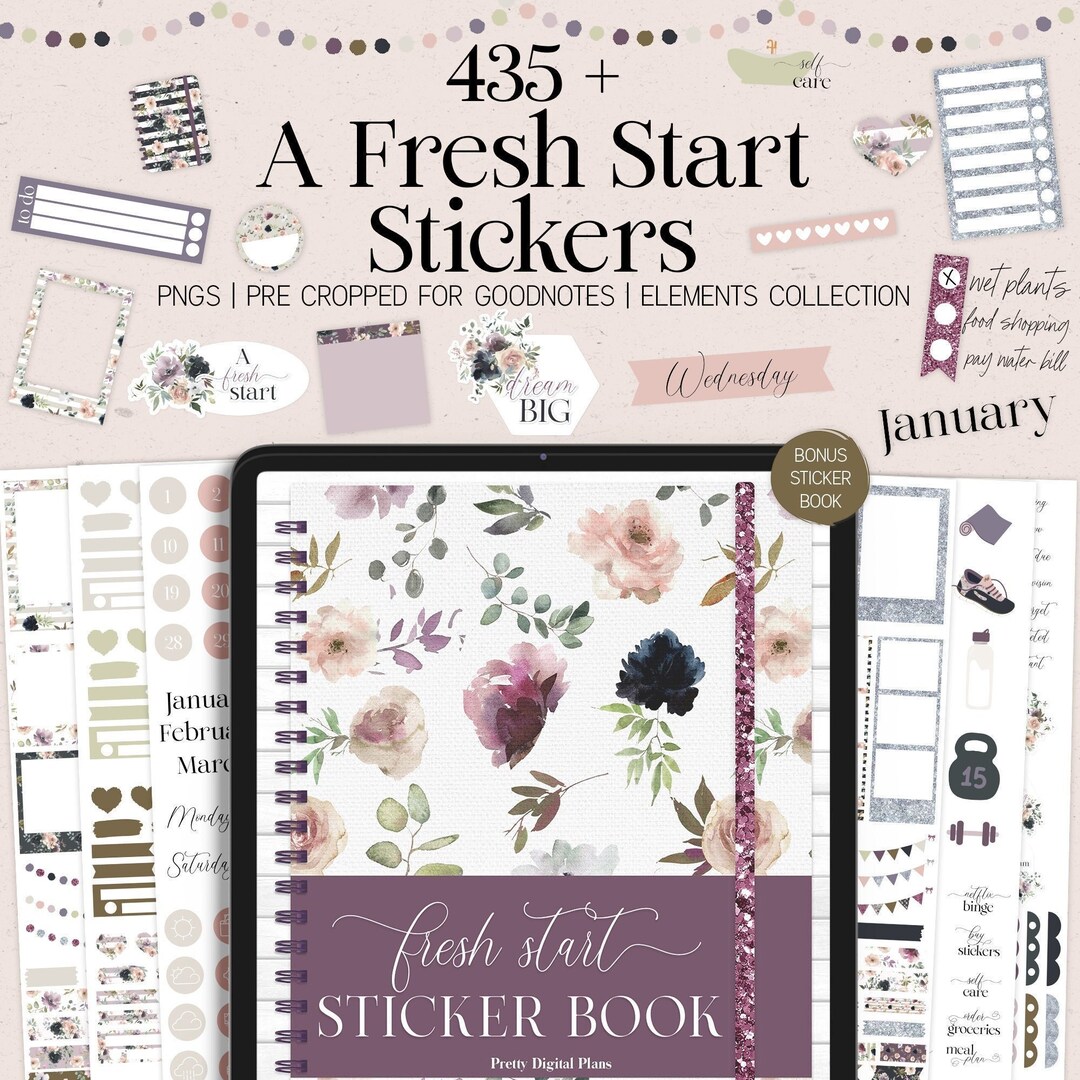 Fresh Start Digital Stickers Goodnotes Floral Sticker Book Glitter ...