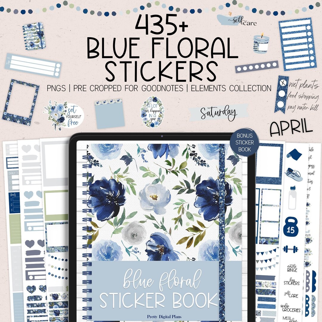 Blue Digital Stickers Goodnotes Floral Sticker Book Functional Planner ...