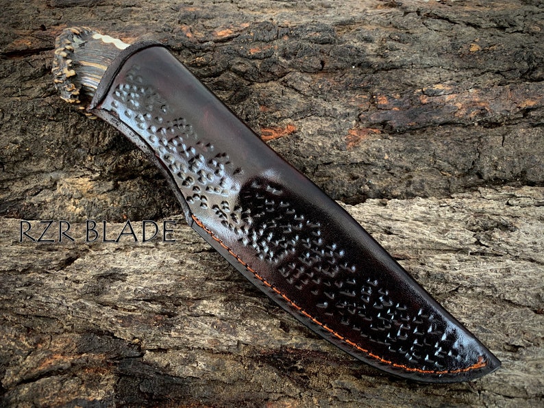 10" Steel Handmade Stone Texture Hunting Knife With Antler Handle and ...