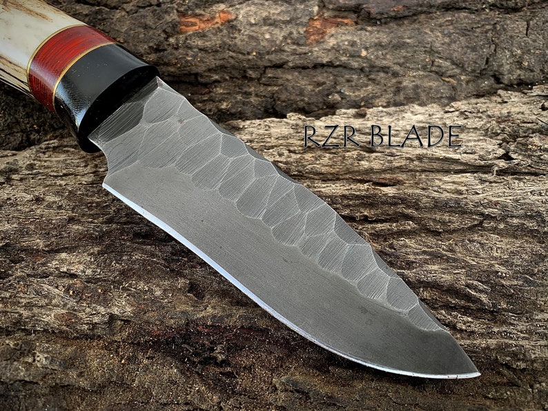 10" Steel Handmade Stone Texture Hunting Knife With Antler Handle and ...