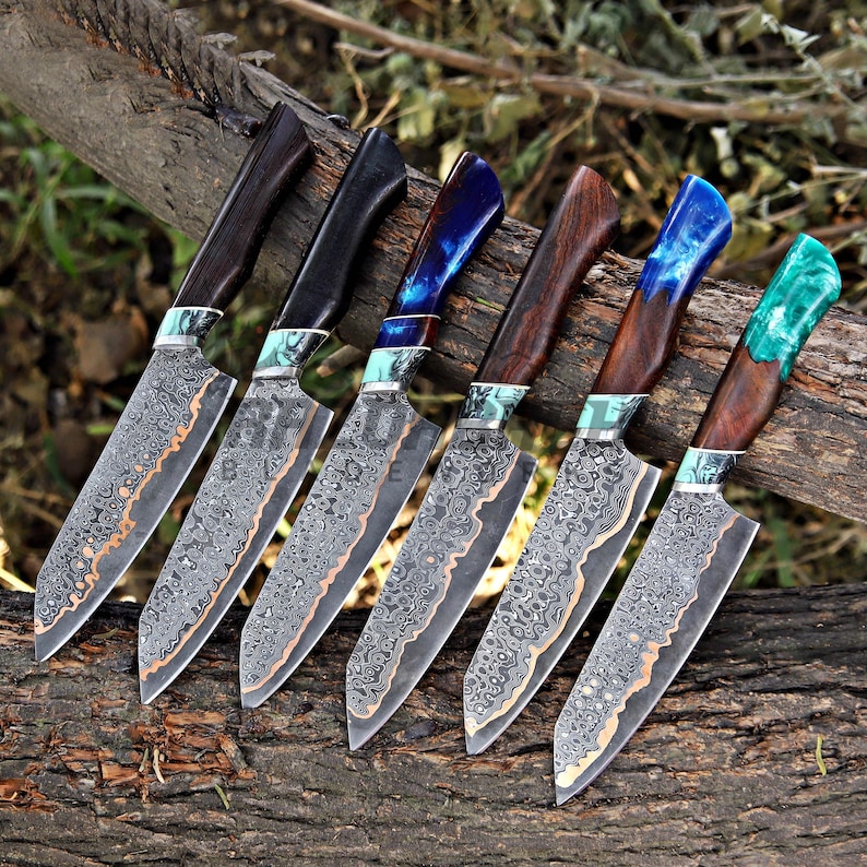 Copper Damascus Chef Knife, San Mai Damascus Santoku Chef Knife - Etsy
