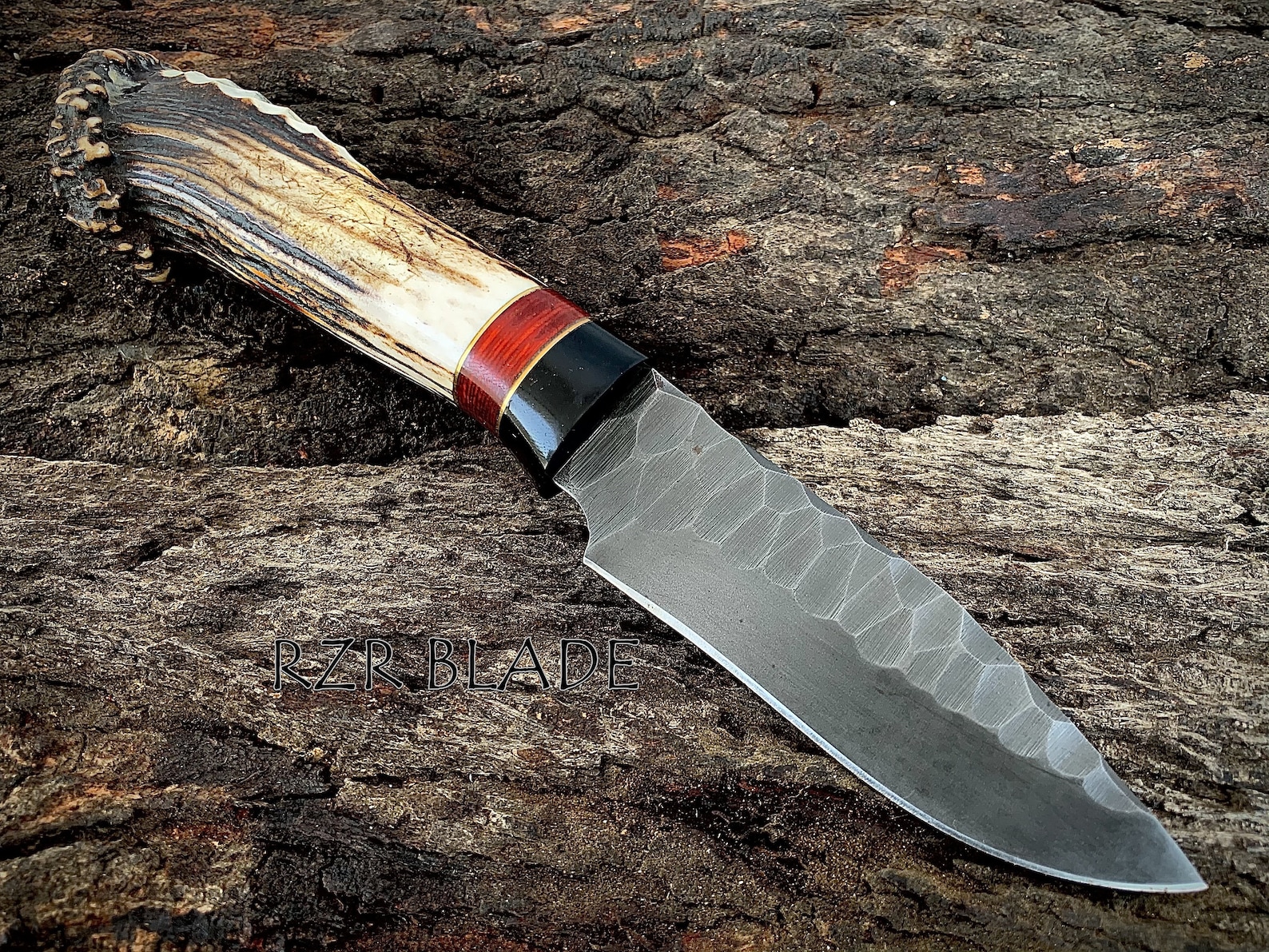 10" Steel Handmade Stone Texture Hunting Knife With Antler Handle and ...