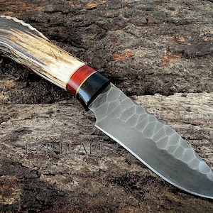 10" Steel Handmade Stone Texture Hunting Knife With Antler Handle and ...