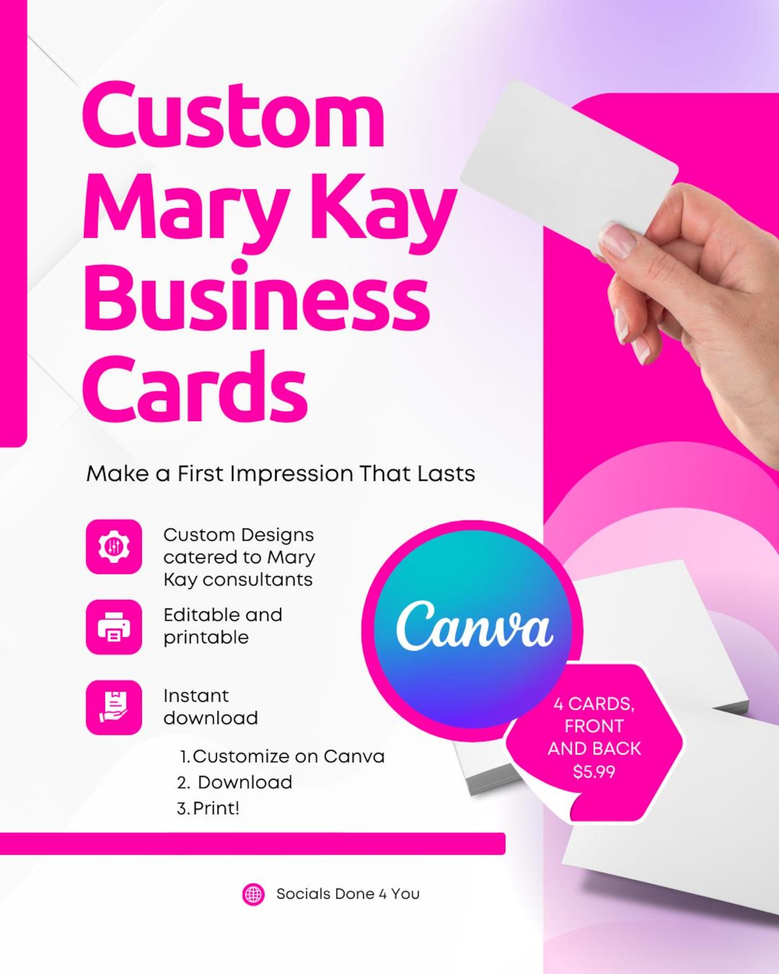 Custom Mary Kay Business Card Templates | Editable Canva Design | Pink ...