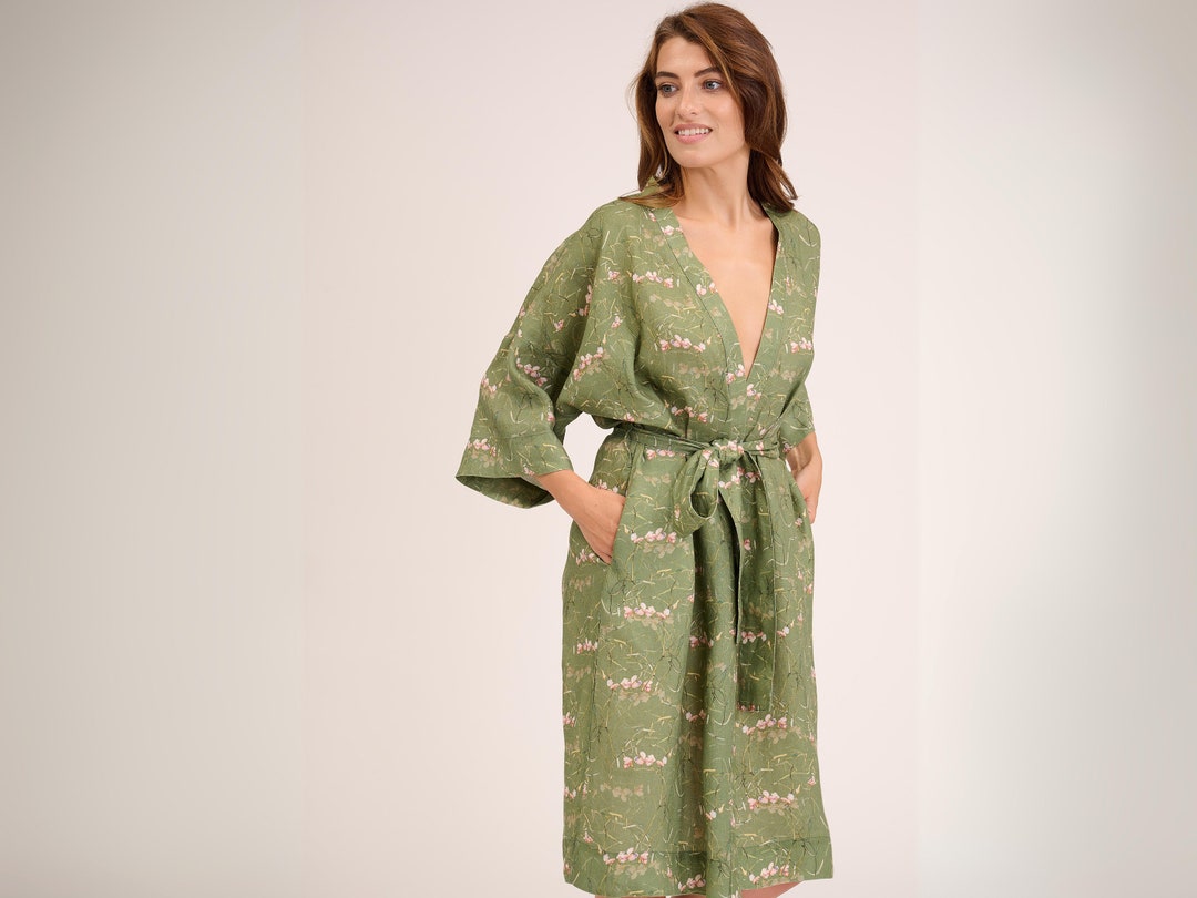 Green Summer Linen Robe, Green Robe for Her, Lightweight Robe, Bathrobe ...