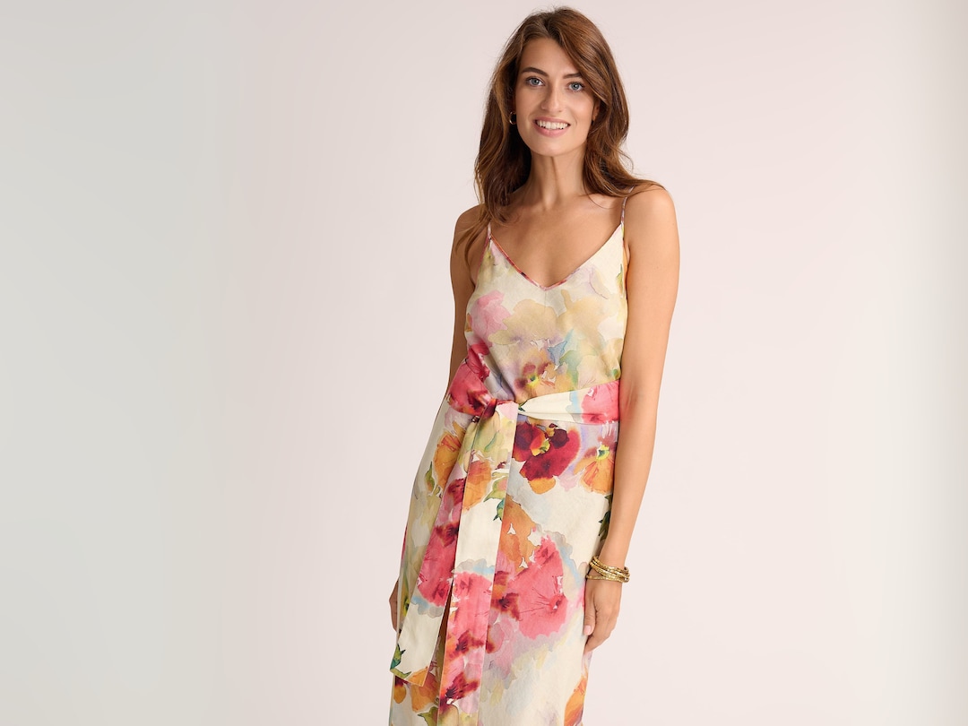 Floral Summer Linen Dress flower Mist, Wedding Guest Dress, Elegant ...