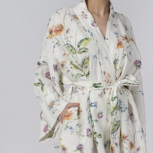 Linen Bathrobe Kimono Midsummer, Flower Print Bathrobe, White Kimono ...