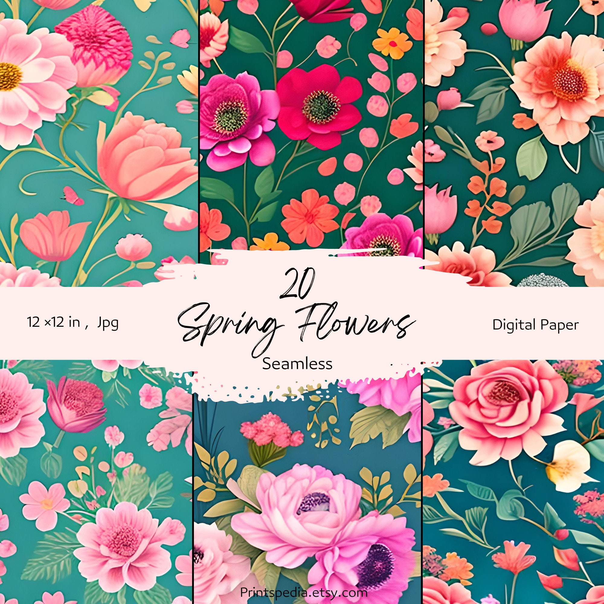 20 Seamless Flowers ,spring Flower Digital Paper,seamless Pattern ...