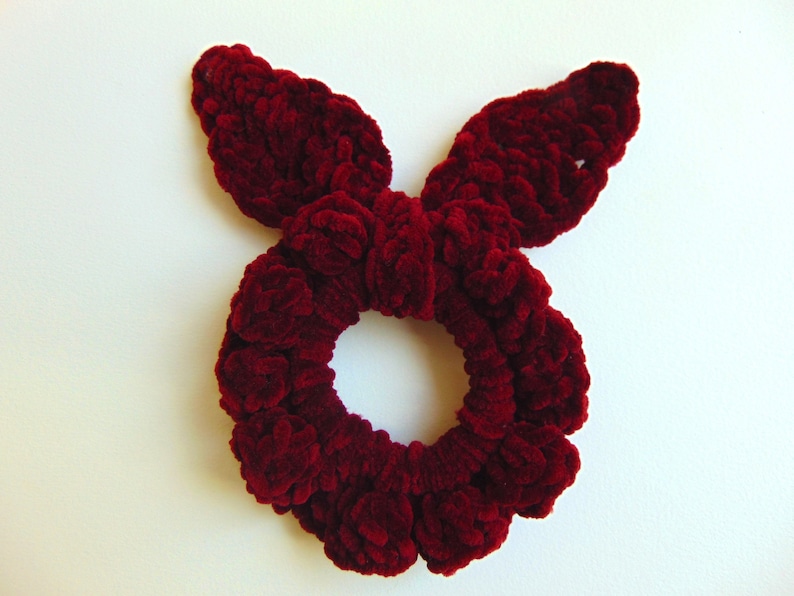 Bunny Ear Velvet Scrunchie, Bow Scrunchie, Dark Red Crochet Hair ...