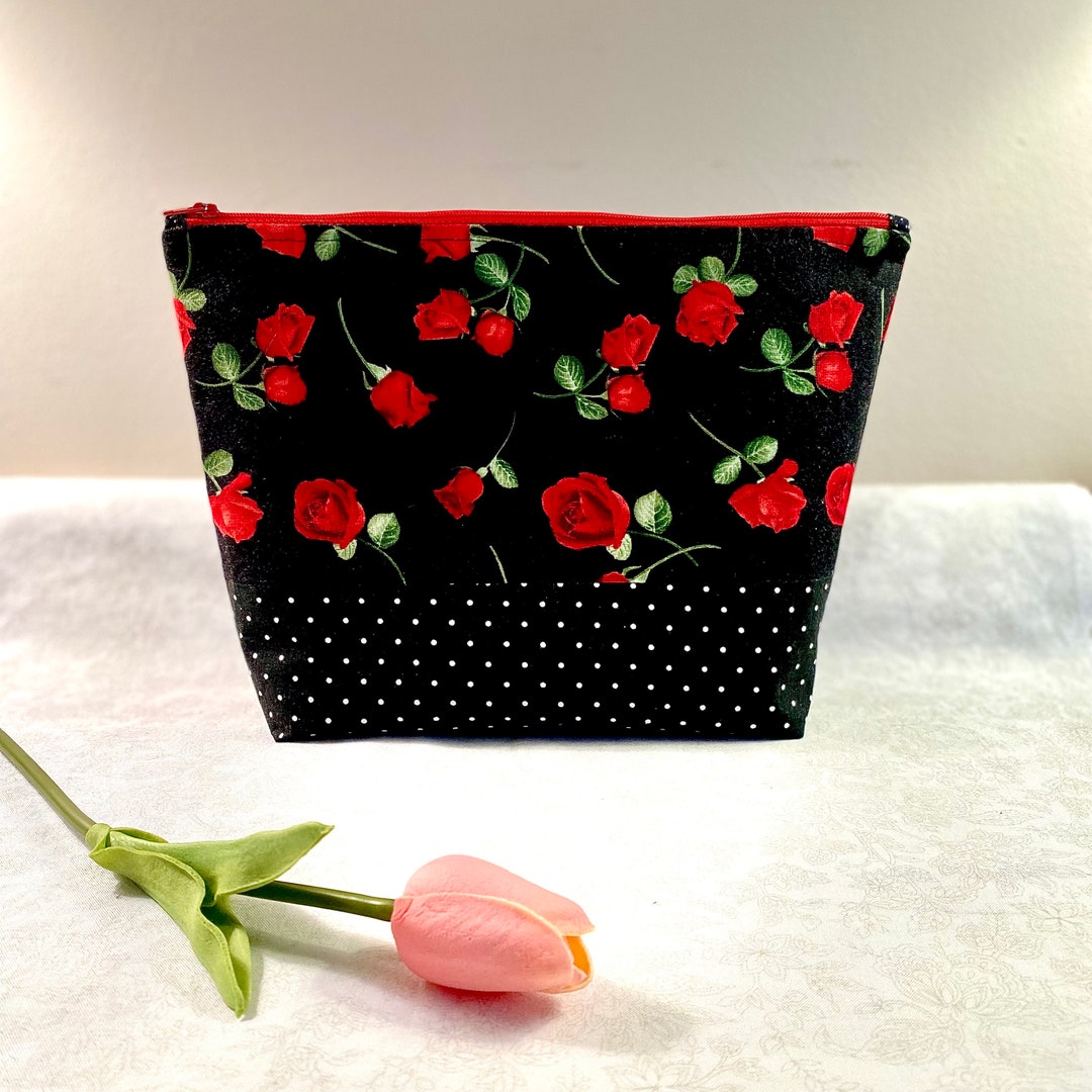 Red Roses Zipper Pouch: Handmade Cotton Makeup Bag, Red Rose on Black ...