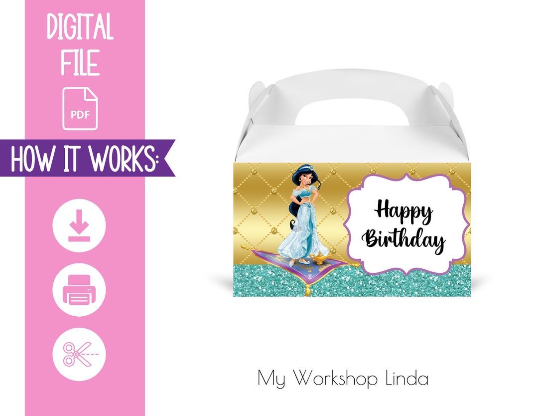 Princess Jasmin Favor Box Label /jasmin Gable Box Happy Birthday ...