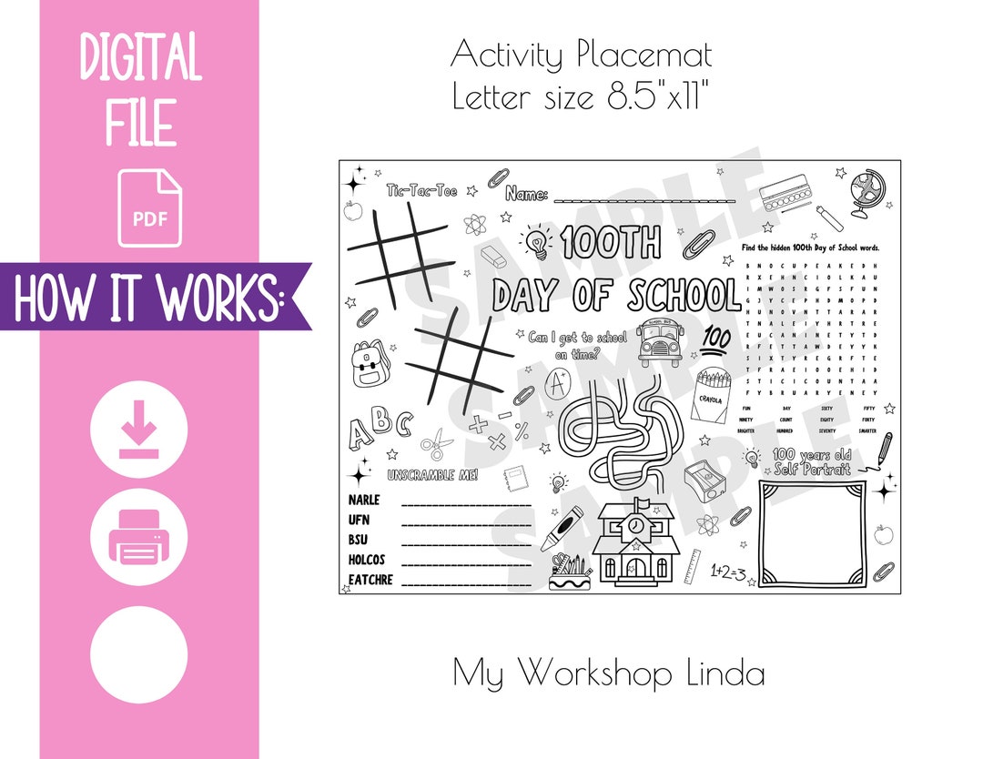 100th Day of School Coloring Placemat Printable Digital File/ Activity ...