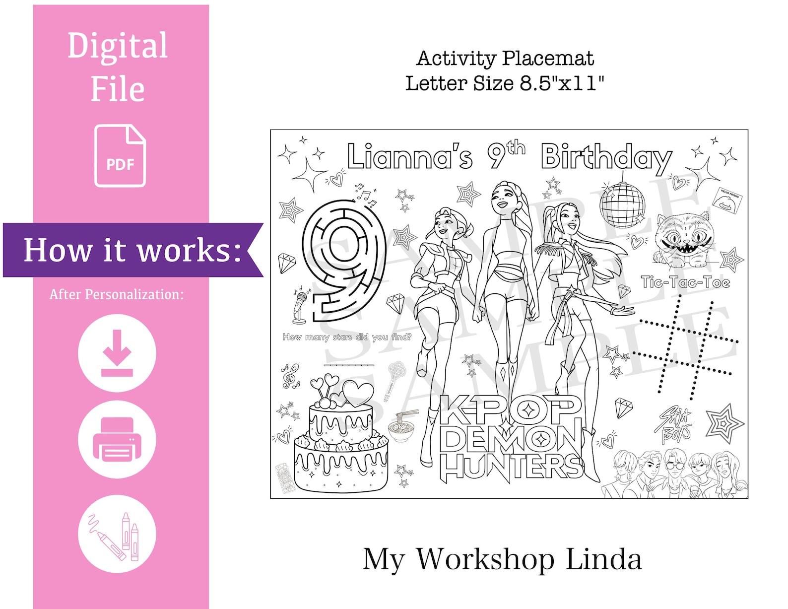 Printable KPOP Demon Hunters Party Activity Sheet | Party Placemat ...