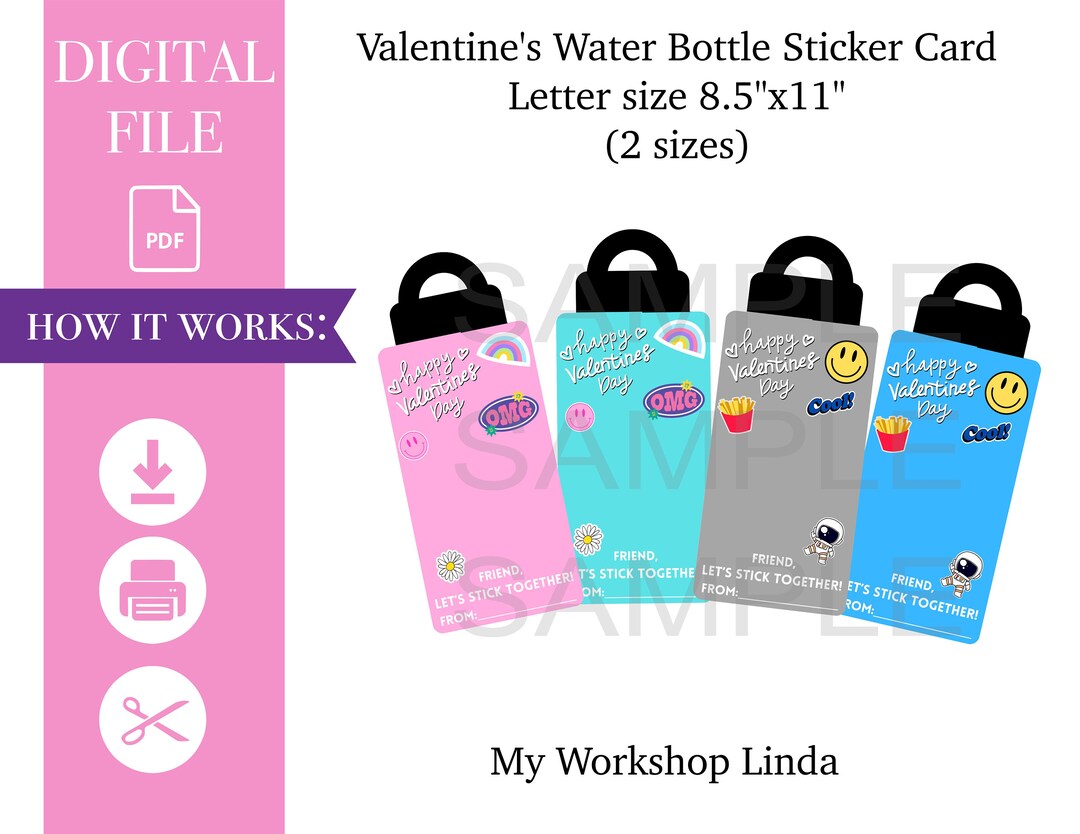 Instant Download Cute Water Bottle Sticker Valentine's Printable Card ...