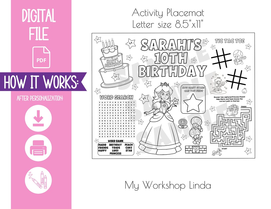 Party Favor | Princess Peach Party Activity Sheet | Party Placemat ...