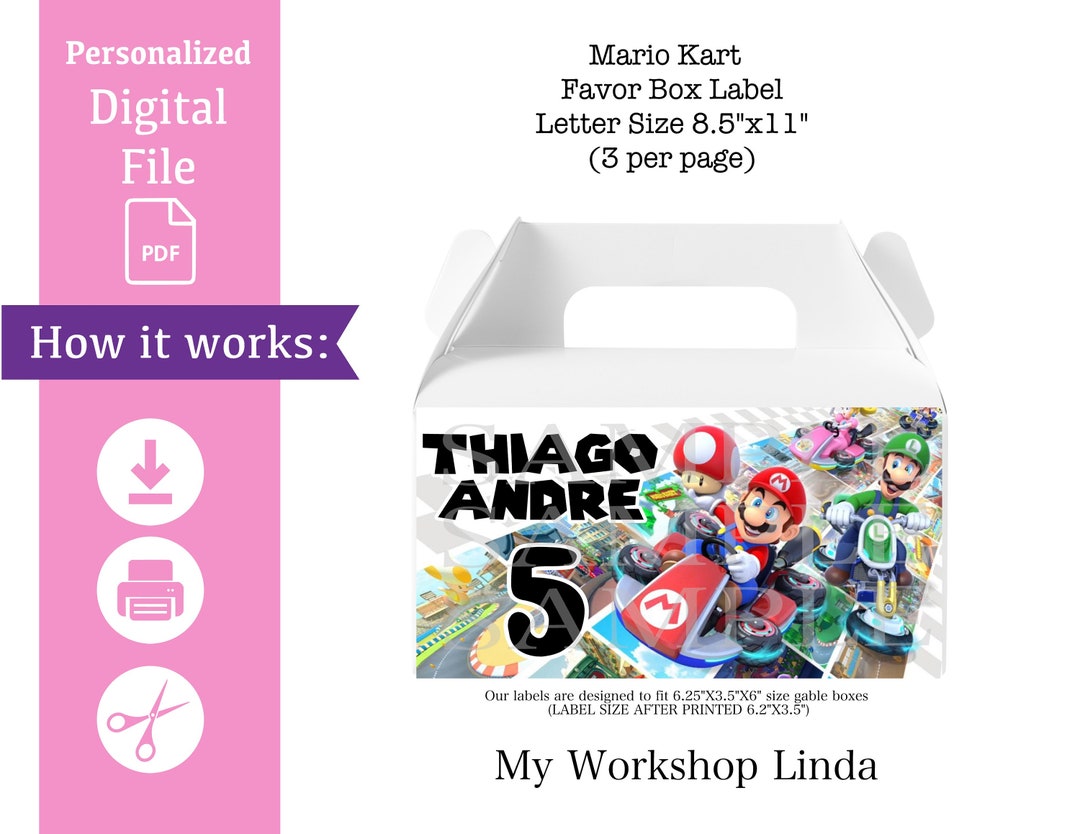 Personalized Mario Kart Favor Box Label, Favor Box Label, Super Mario ...