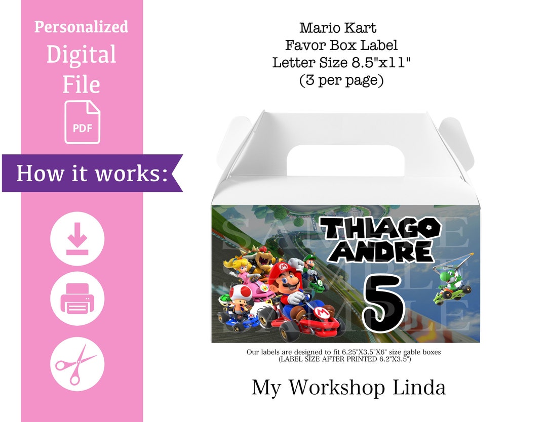 Personalized Mario Kart Favor Box Label, Favor Box Label, Super Mario ...