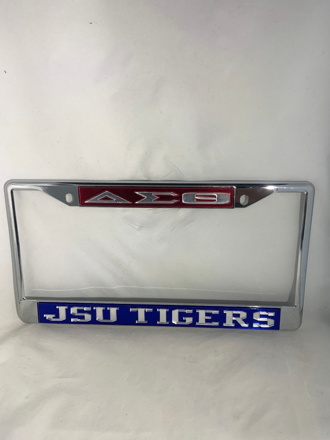 DST Red Background Mirror Letters JSU Tigers Blue Background W/ Mirror ...