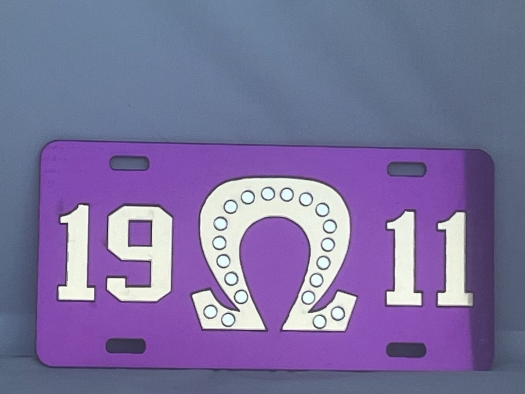 1911 Omega Symbol License Plate- Purple Background Gold Letters&symbol ...