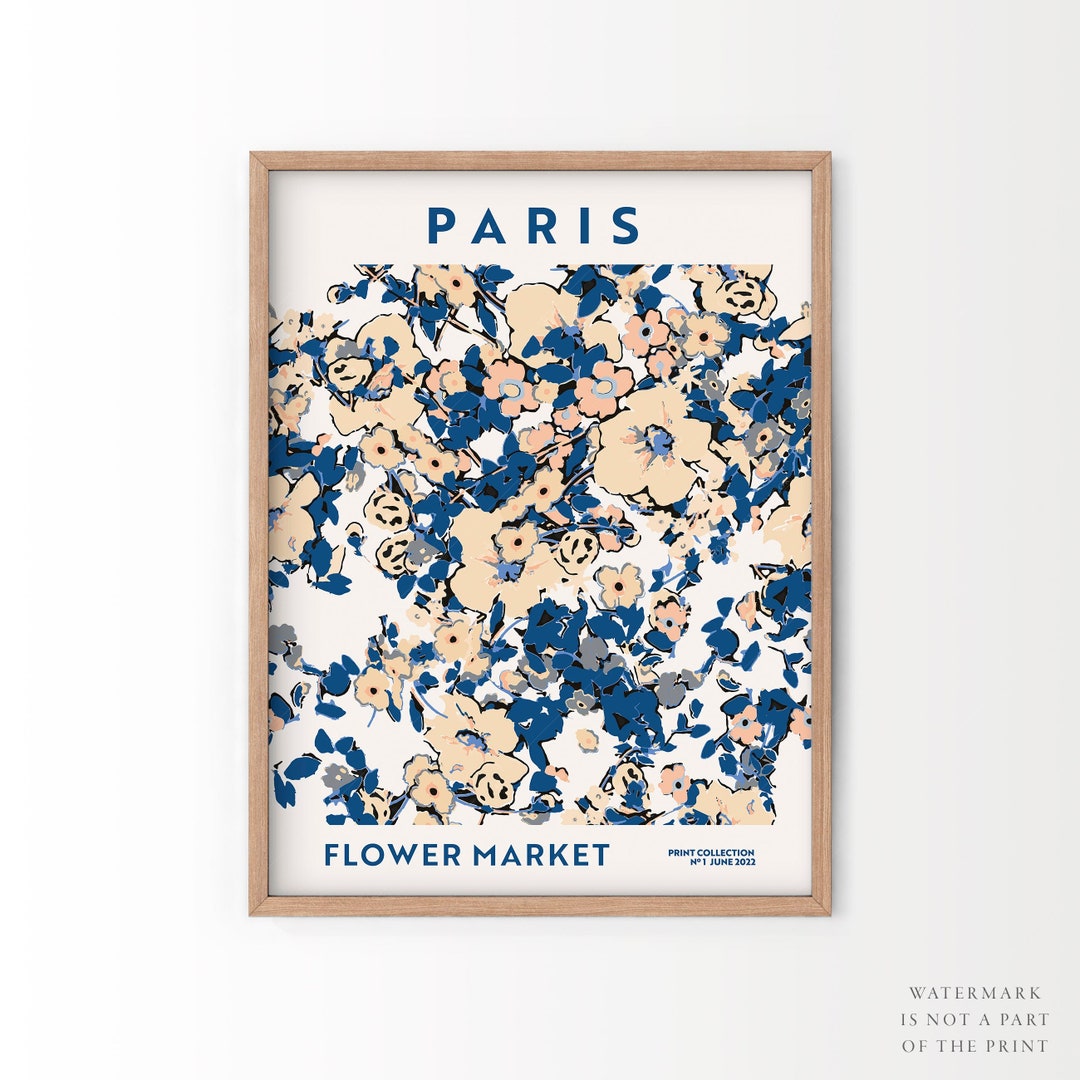 Paris Poster, Flower Market, France Print, Chic Wall Art, Blue Floral ...