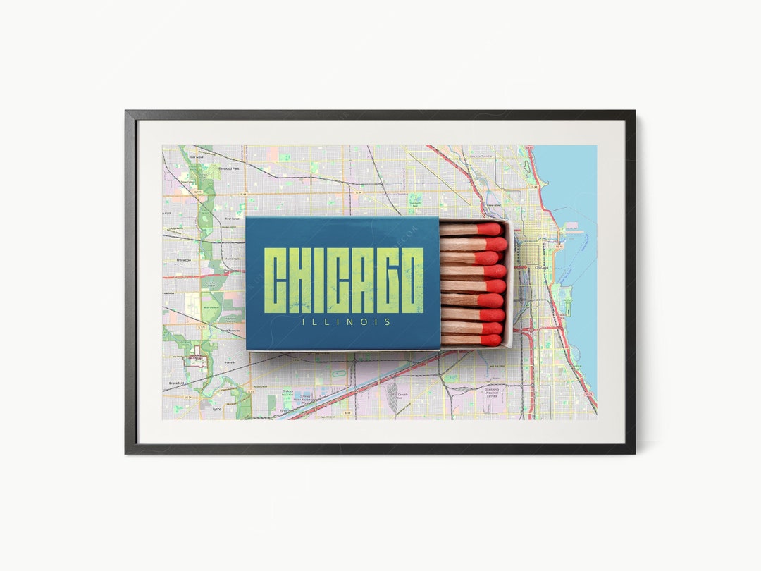 Chicago Map City Matchbox Print Cool Wall Art Lake Michigan, Lincoln ...