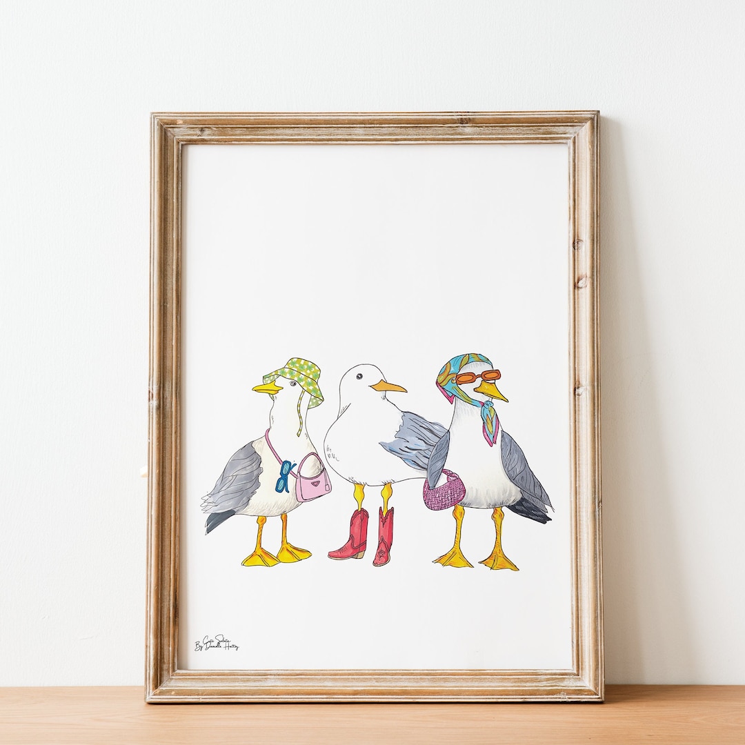 Whimsical Seagull Illustrated Wall Art Print Fashionable Birds, Cute ...