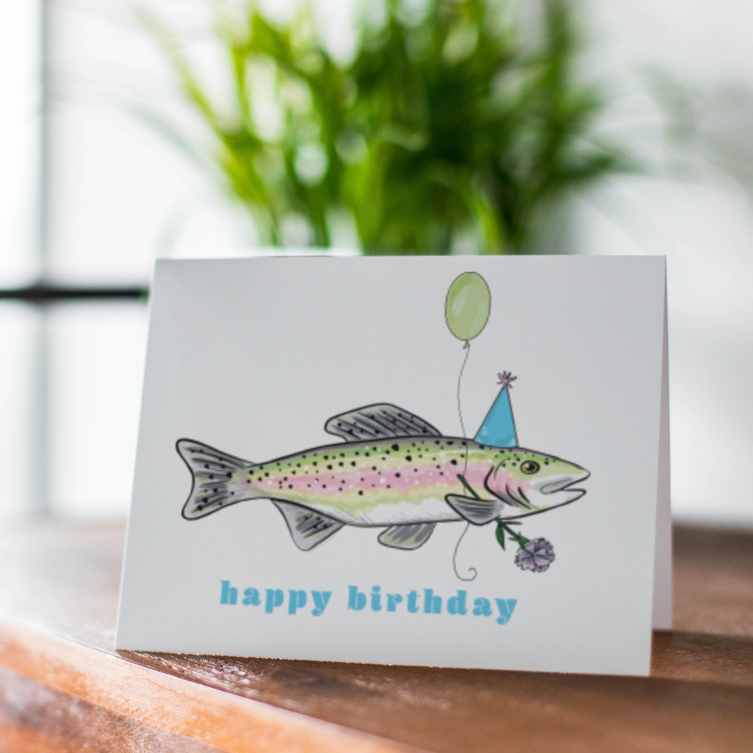 Fish Trout Birthday Card, Hand Illustrated, Rainbow Trout Card ...