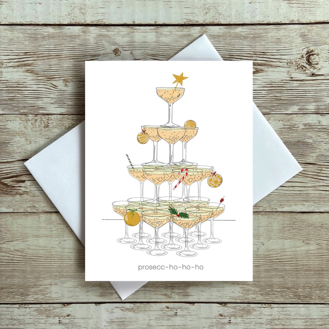 Champagne Prosecco Christmas Card, Hand Illustrated - Etsy
