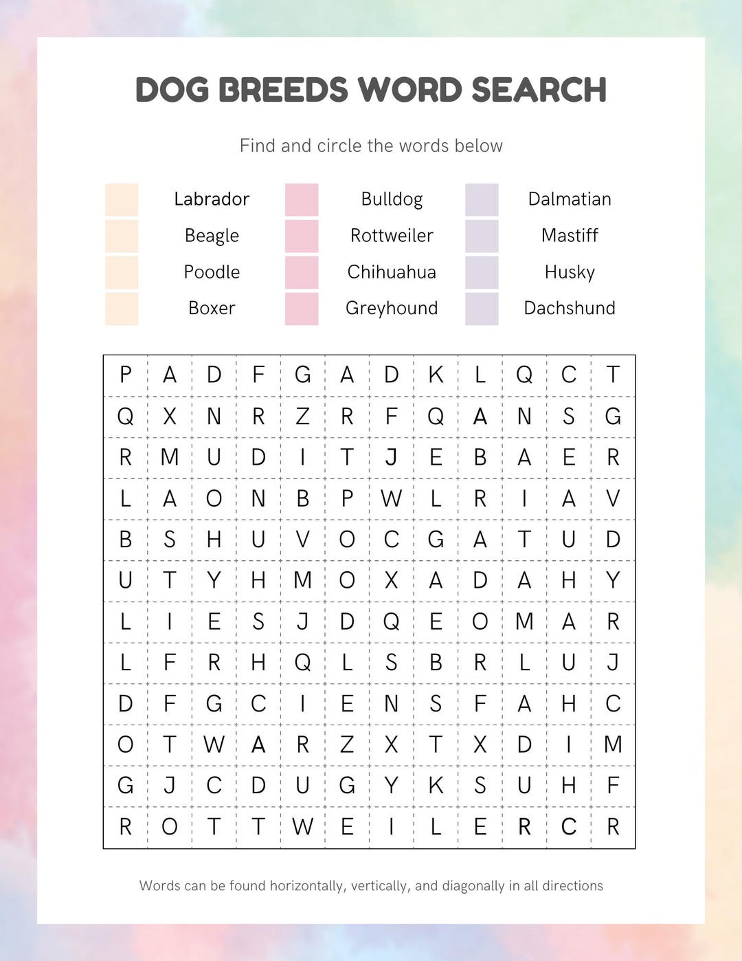 Dog Breeds Word Search Printable - Etsy