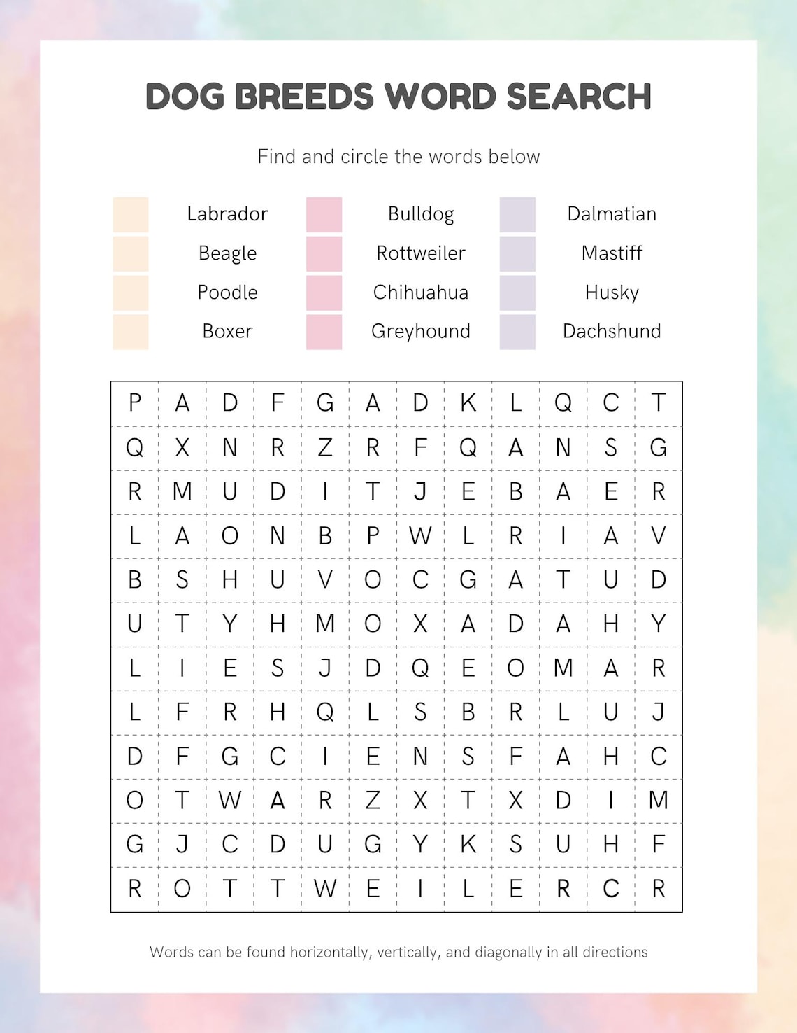 Dog Breeds Word Search Printable - Etsy