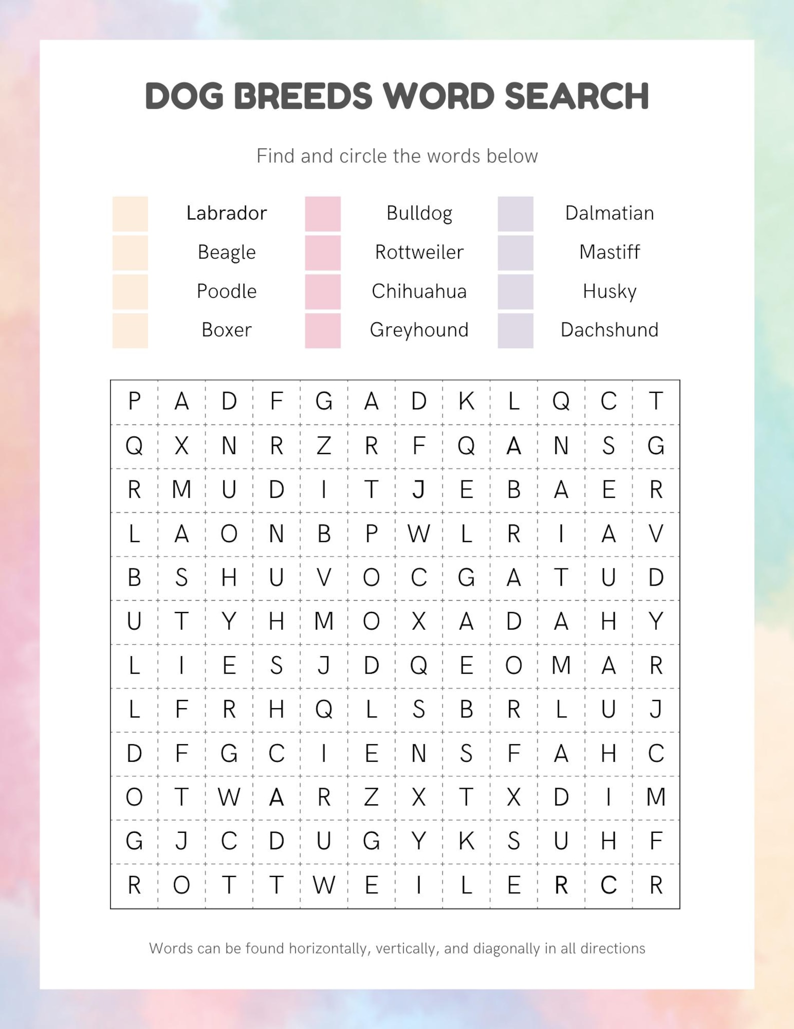 Dog Breeds Word Search Printable - Etsy