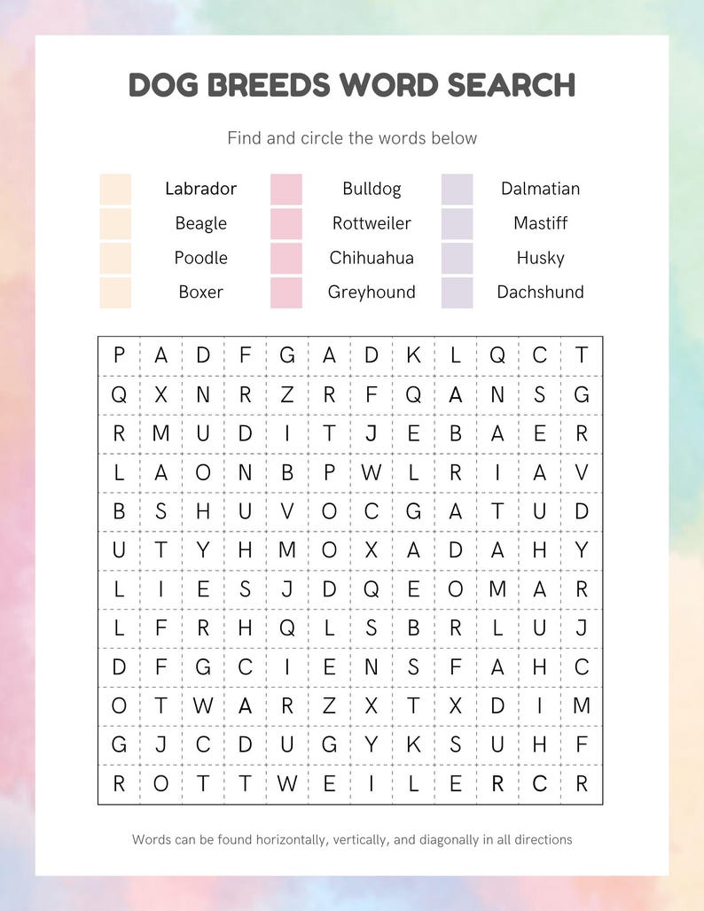 Dog Breeds Word Search Printable - Etsy